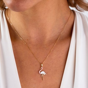 14K Gold Flamingo Necklace, Dainty Flamingo Pendant, Bird Charm ...