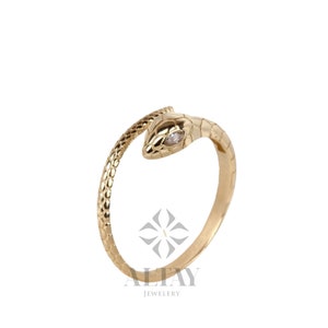 14K Gold Snake Ring, Dainty Serpent Ring, Birthstone Eyes, Stacking ...
