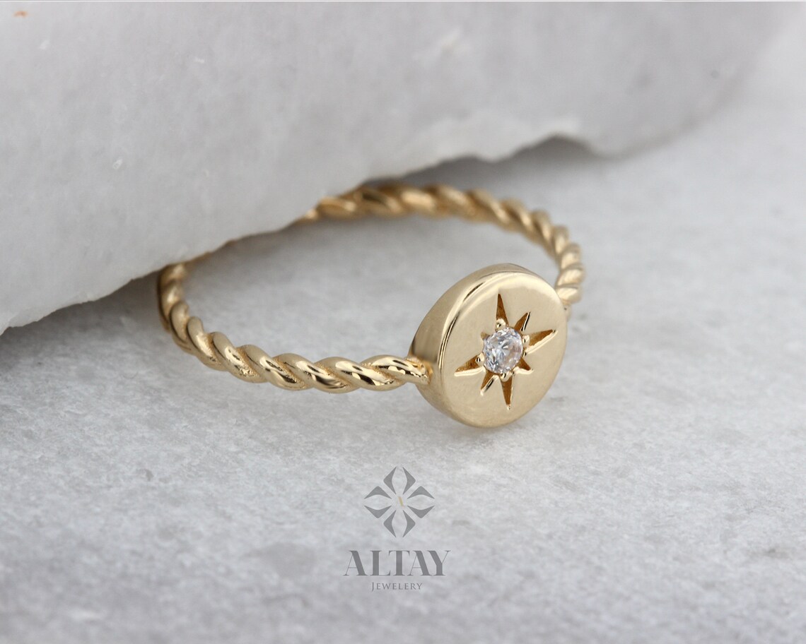 14k Gold Star Signet Ring Signet Star Ring Beaded Star | Etsy