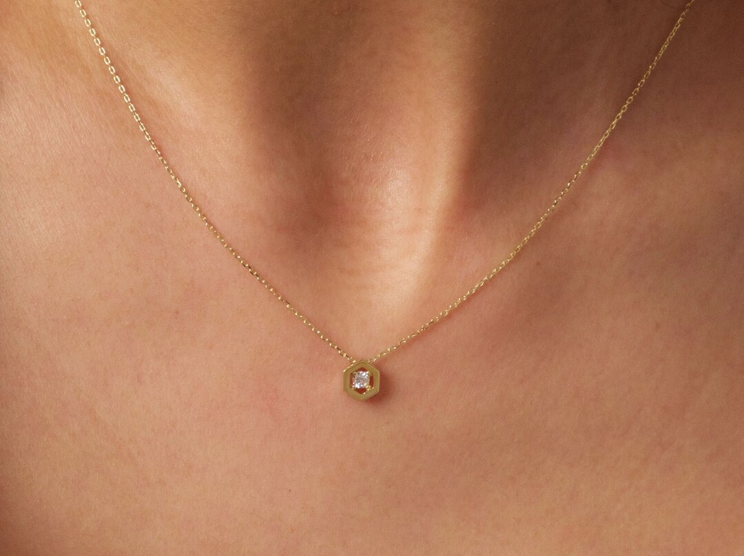 14K Gold Solitaire Necklace, Hexagon Cz Diamond Solitaire Pendant ...