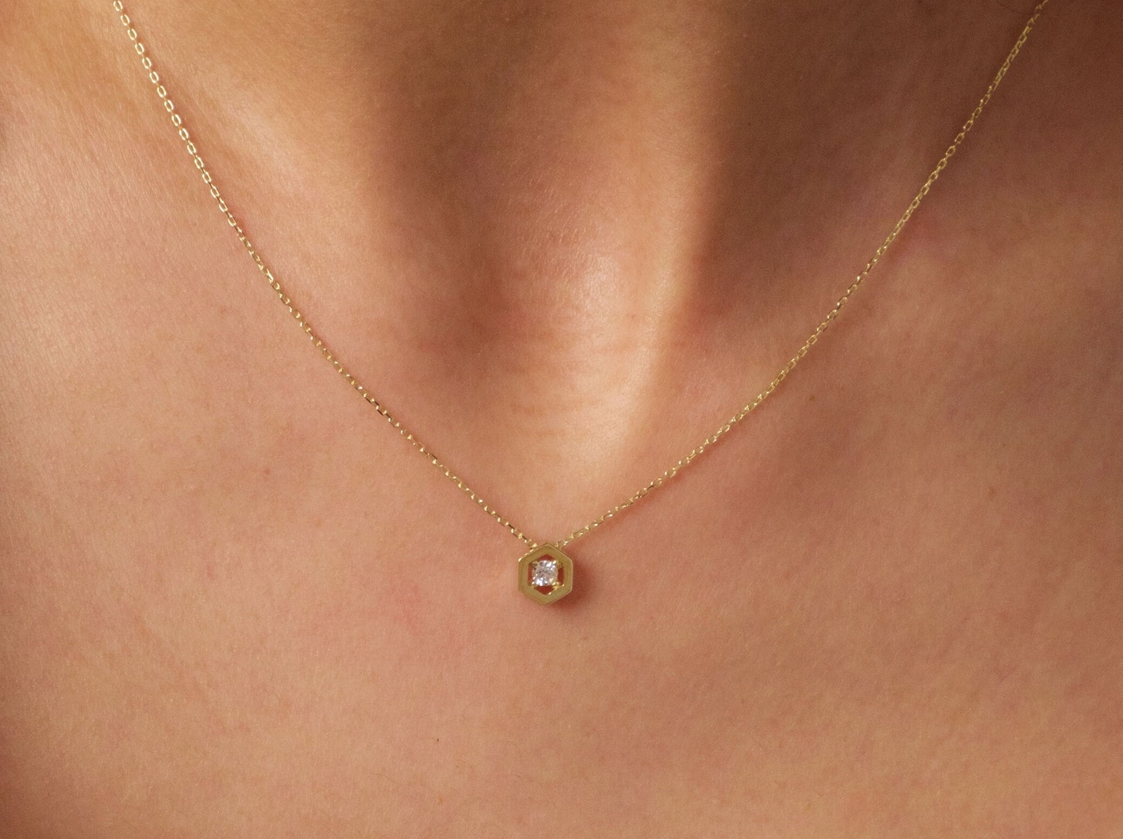 14K Gold Solitaire Necklace, Hexagon Cz Diamond Solitaire Pendant ...