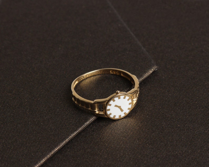 14K Gold Watch Ring, Round Clock Ring, Dainty Ring, Personalized Ring ...