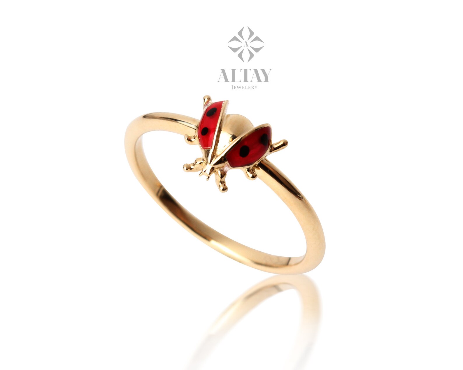 14K Gold Ladybug Ring, Ladybird Colorful Ring, Unique Animal Ring, Cute ...