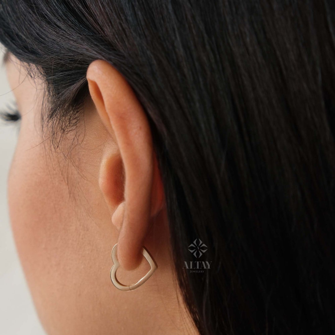 14K Gold Heart Hoop Earrings, Open Heart Huggie Earrings, Mini Love Earrings, Stacking Gold ...