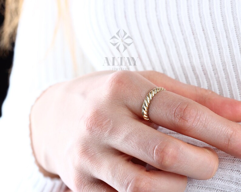 14K Solid Gold Croissant Ring, Twist Dome Ring, Gold Chunky Ring, Twisted Rope Ring, Bold ...