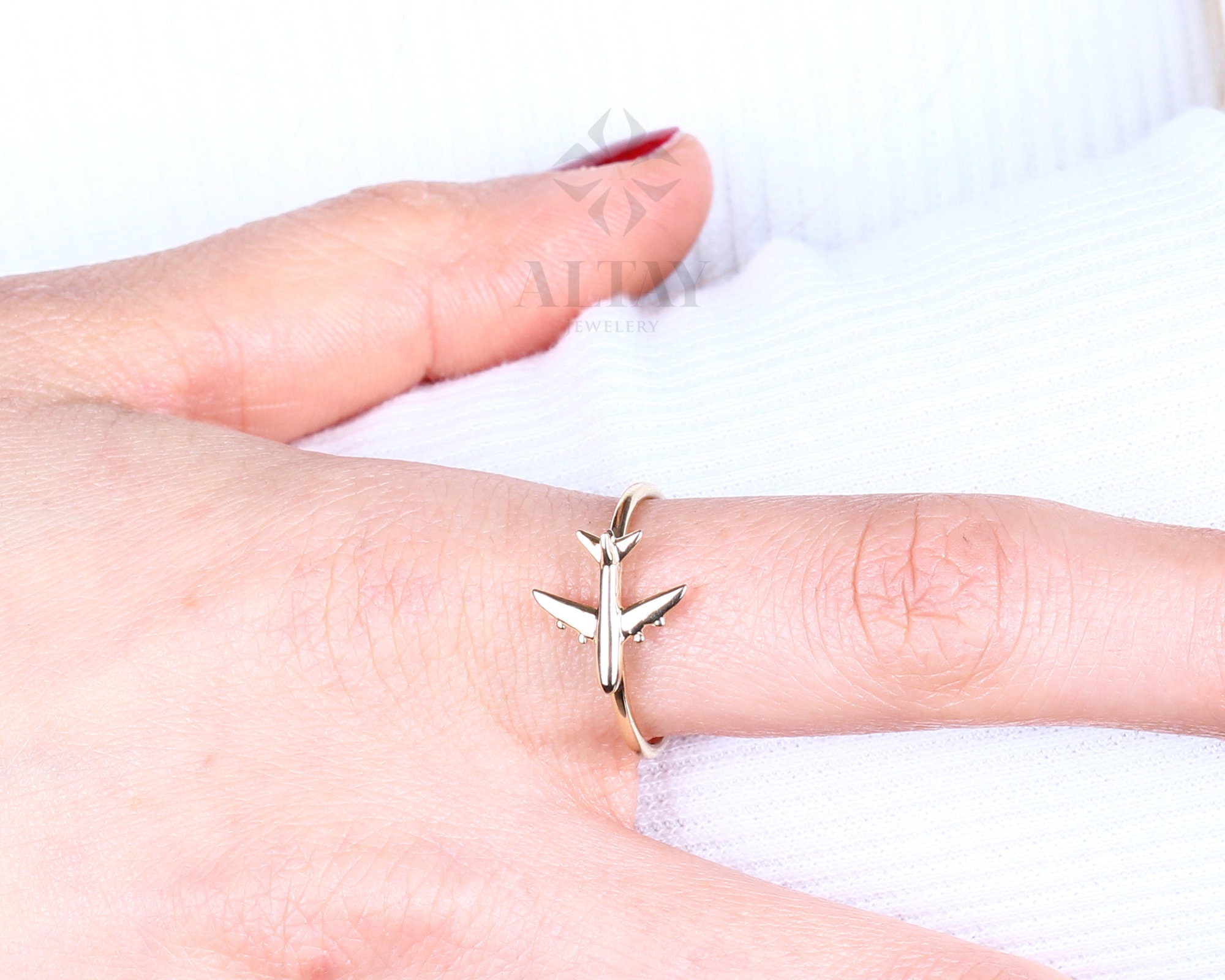 14K Solid Gold Airplane Ring, Aviation Gifts, Plane Gold Ring, Female ...