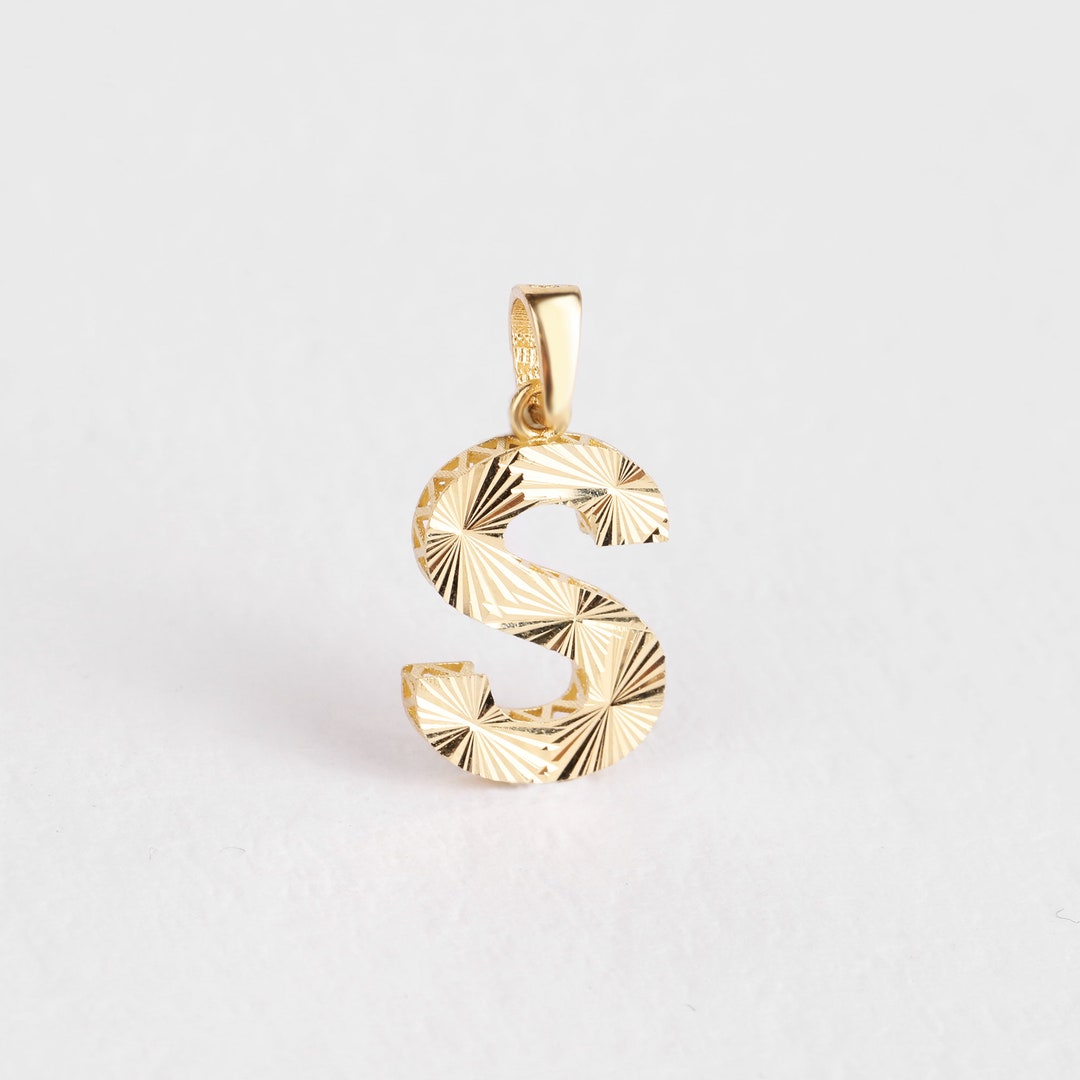 14K Gold Initial Necklace, Textured Initial Pendant, Personalized ...