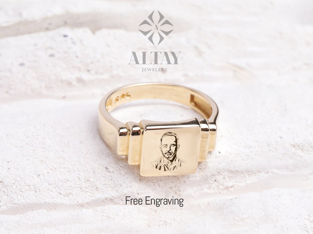 14K Gold Square Signet Ring, Personalized Signet Ring, Engraved Custom Signet Band, Handmade ...