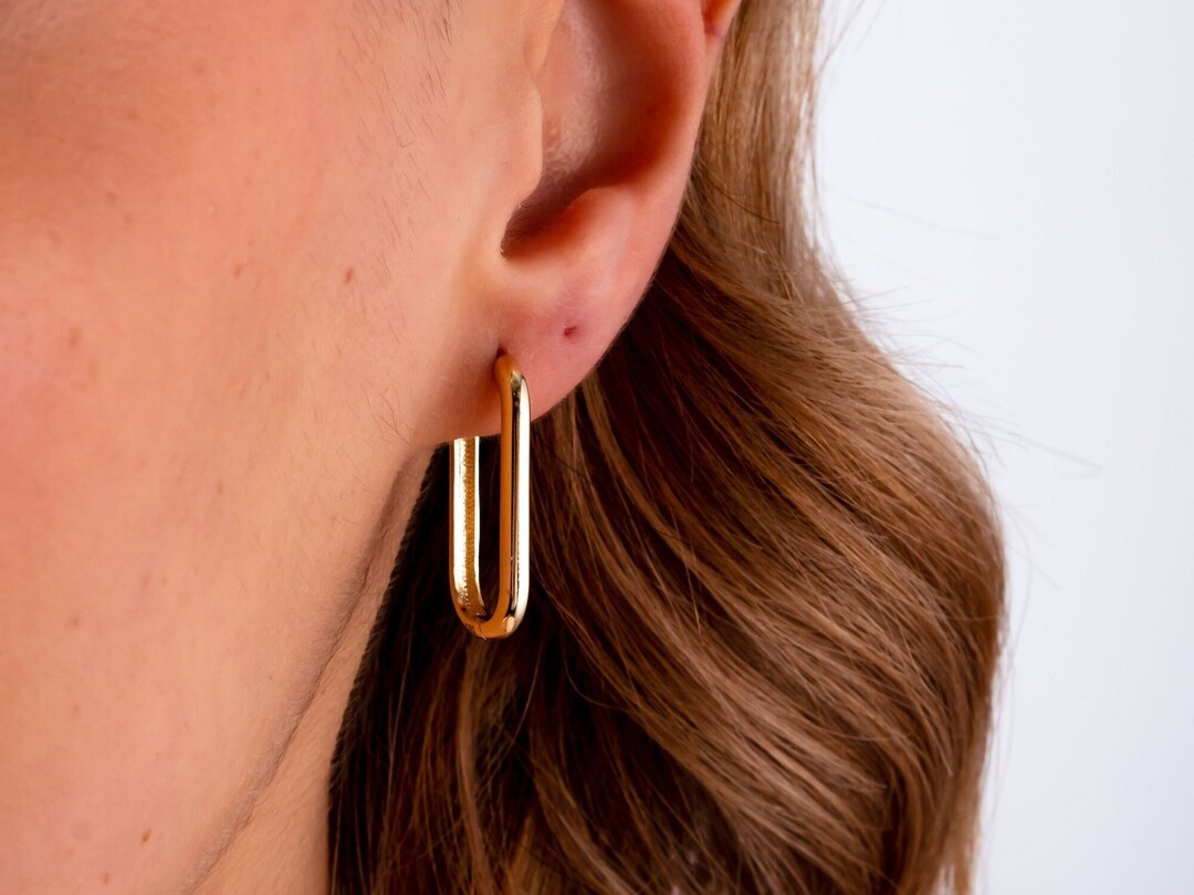 14K Gold Oblong Rectangle Earrings, Rectangle and Oval Shape Earrings ...