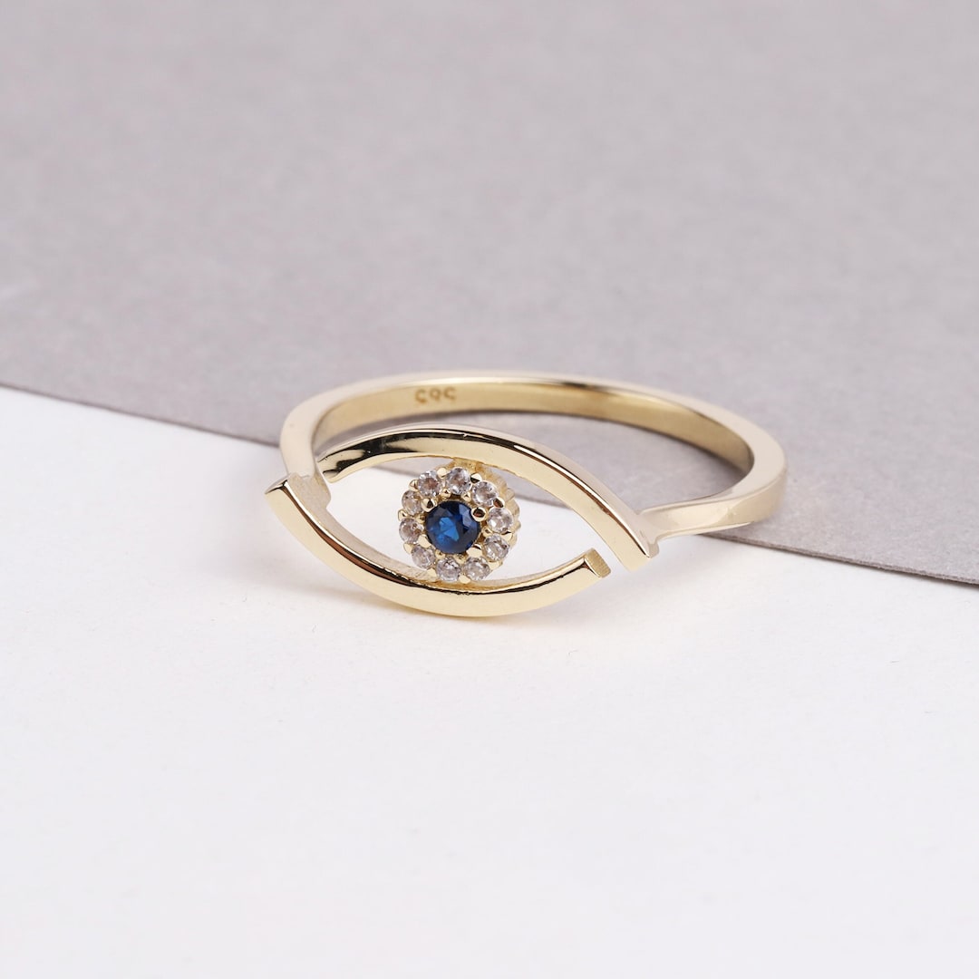 14K Gold Evil Eye Ring, Tiny Evil Eye Band Ring, Hamsa Pointer Ring ...