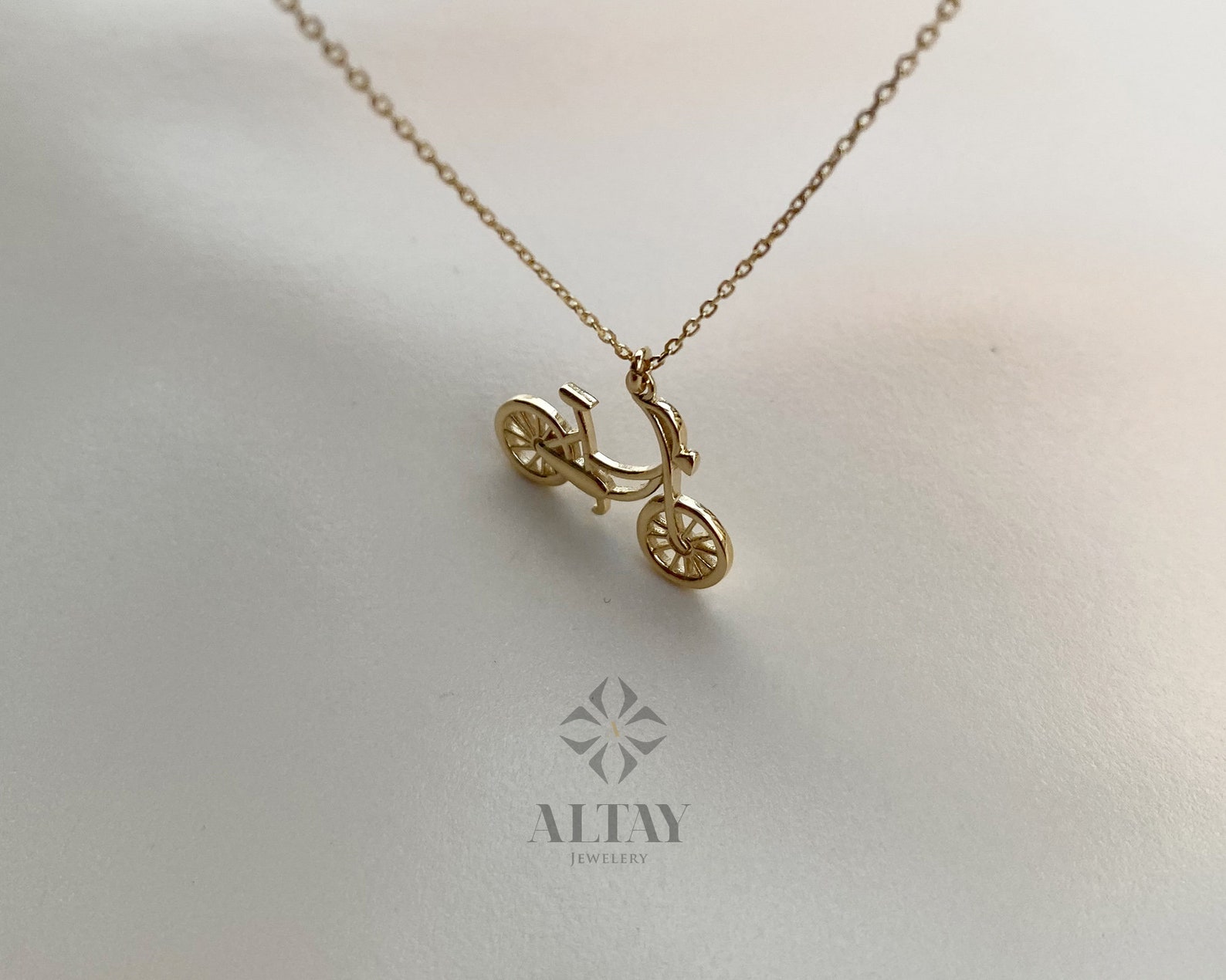 14K Solid Gold Bike Pendant, Cute Bicycle Necklace, Sports Jewelry ...