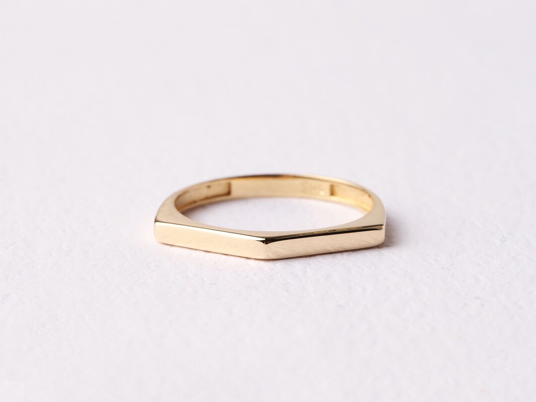 14K Gold Edge Ring, Dainty Geometric Band Ring, Chunky Two Face Edge ...