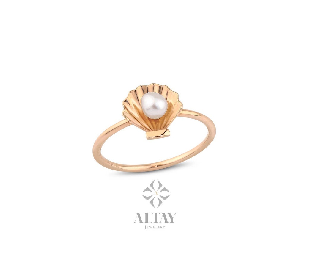 14K Gold Seashell Pearl Ring Gold Shell Ring Dainty Gold - Etsy