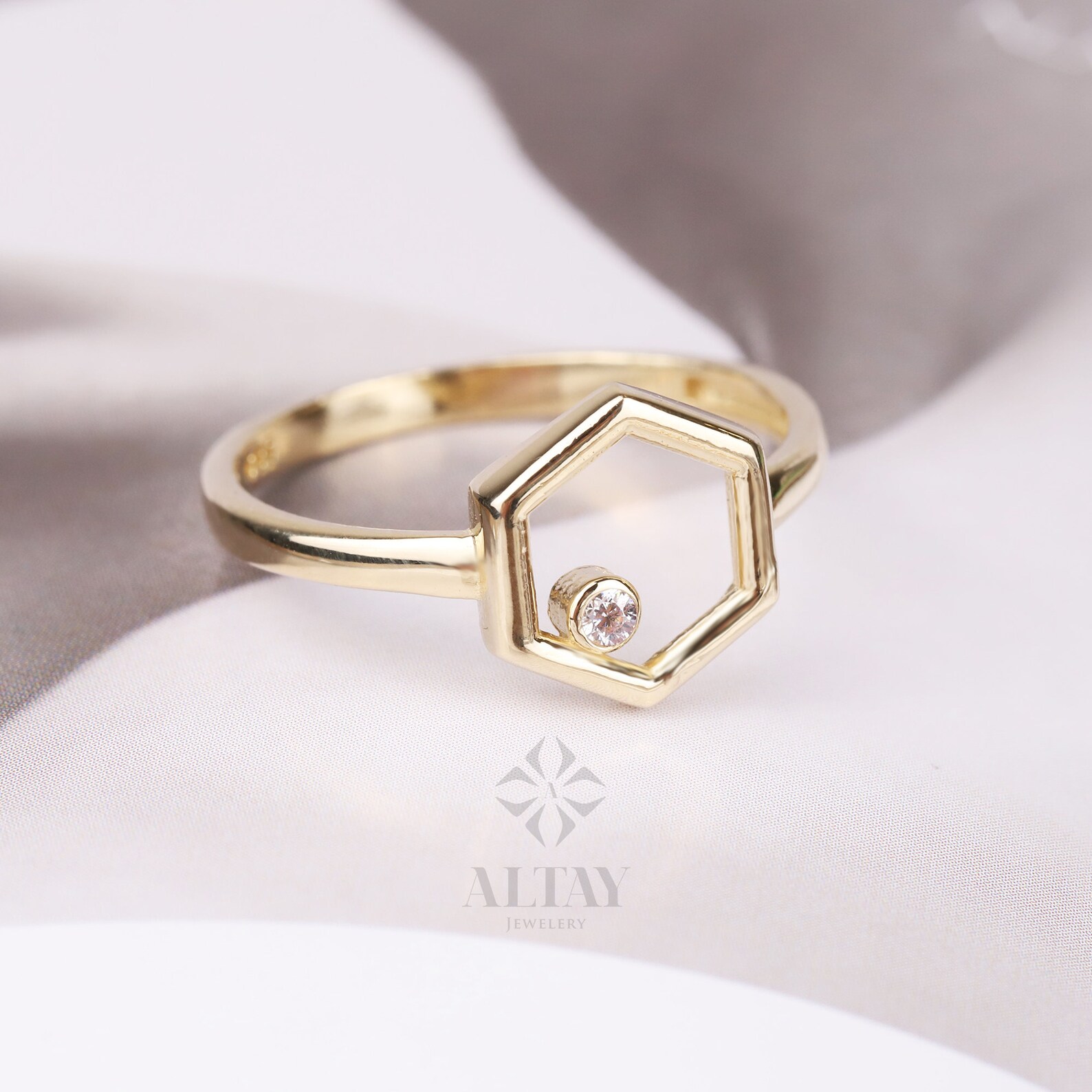 14K Gold Hexagon Ring, Birthstone Ring, Personalized Solitaire Ring ...