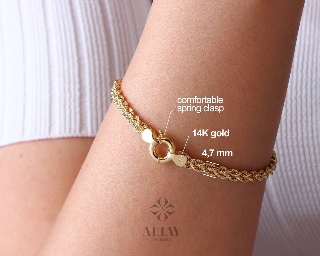 14K Solid Gold Rope Chain Bracelet, 4.7mm Dainty Rope Bracelet, Unisex ...