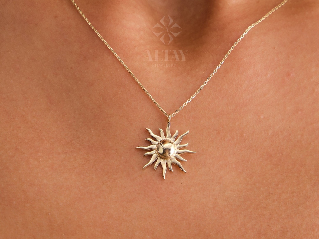 14K Gold Sun Necklace, Sunburst Celestial Pendant, Sun Charm Choker ...