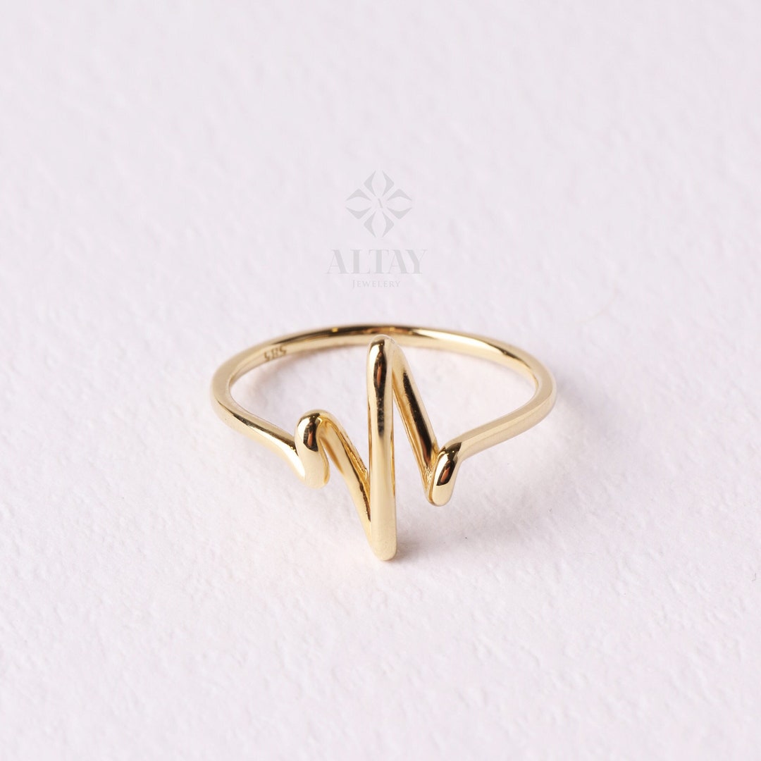14K Gold Heartbeat Ring, Lifeline Pulse Band Ring, Love Forever Ring ...