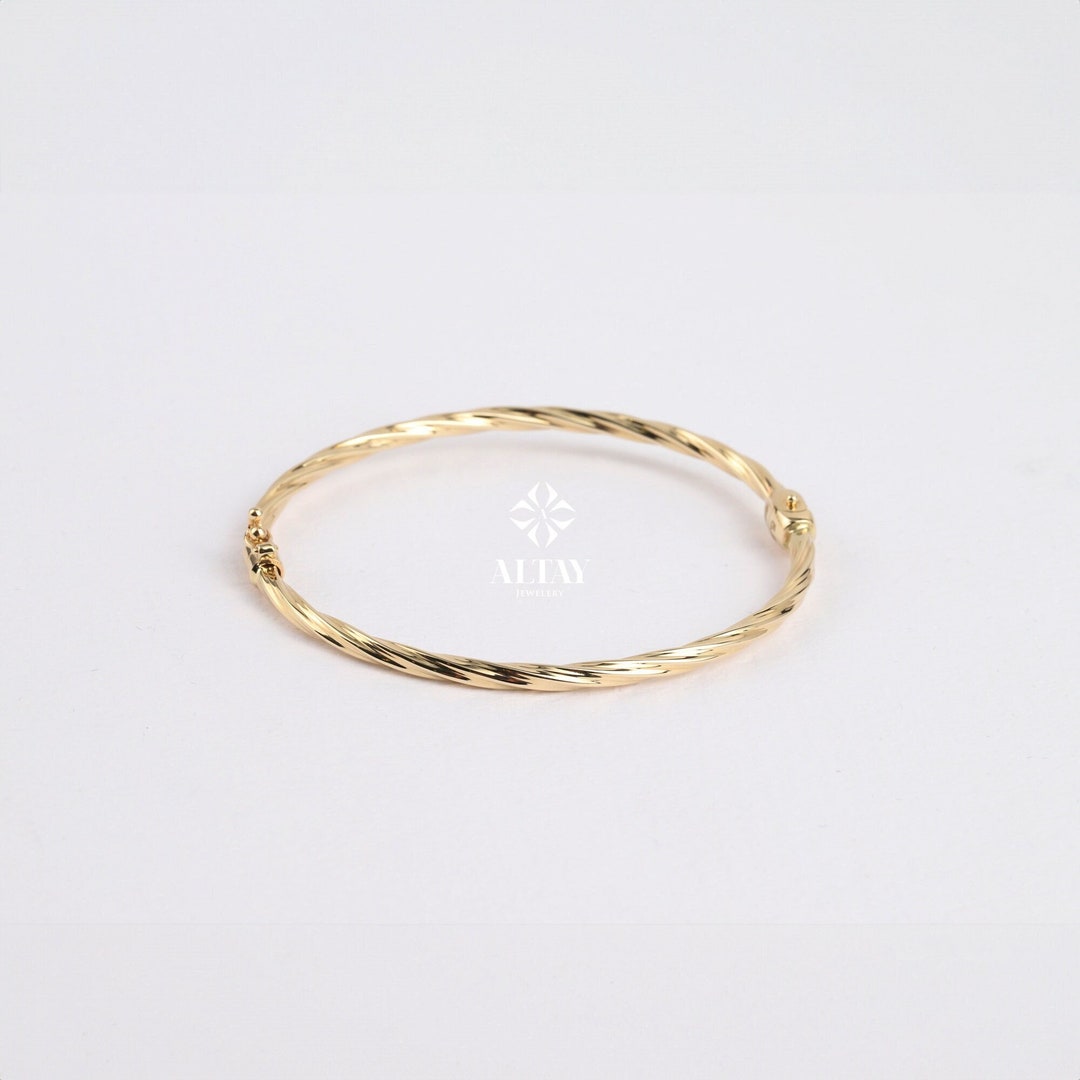 14K Gold Twisted Bangle, Hinged Twist Gold Bracelet, Custom Gold Bangle ...