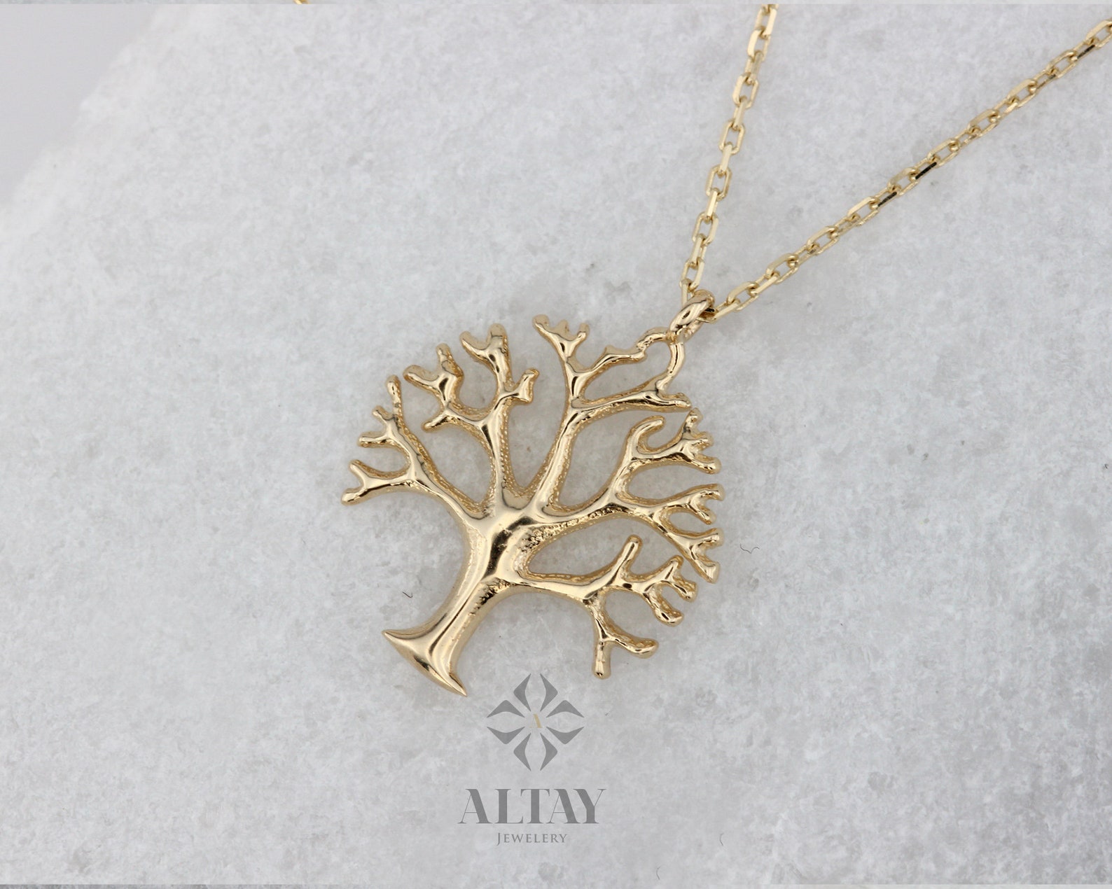 14K Solid Gold Tree Necklace, Tree of Life Pendant, Family Tree Charm ...
