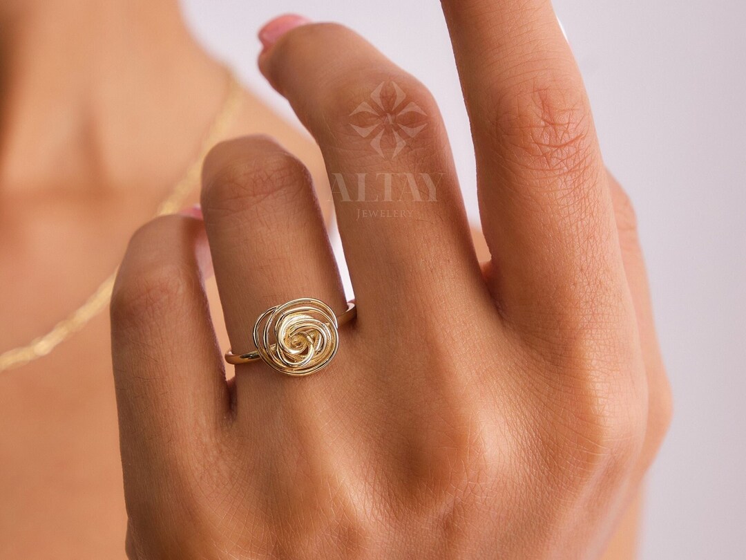 14K Gold Rose Ring, Wrapped Wire Rose Ring, Statement Band, Stackable Ring, Gold Wire Flower ...