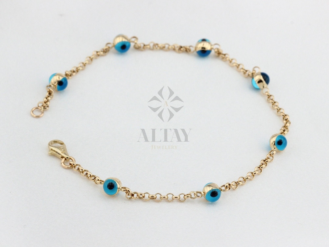 14K Gold Evil Eye Bracelet, Gold Chain Bracelet, Evil Eye Charm ...
