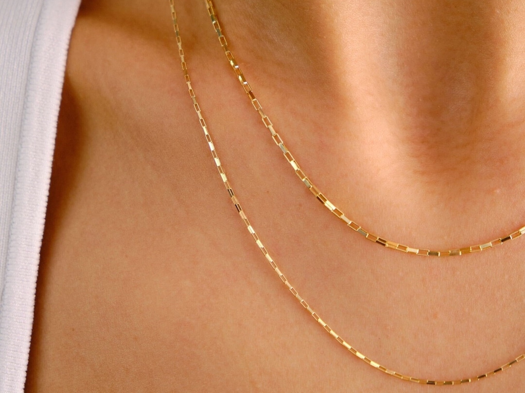 14K Gold Rectangle Box Chain Necklace, 0.90mm 1.35mm Tiny Link Gold ...
