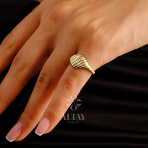 14K Solid Gold Croissant Ring, Twisted Dome Band, Chunky Gold Women Ring, Bold Statement Ring ...