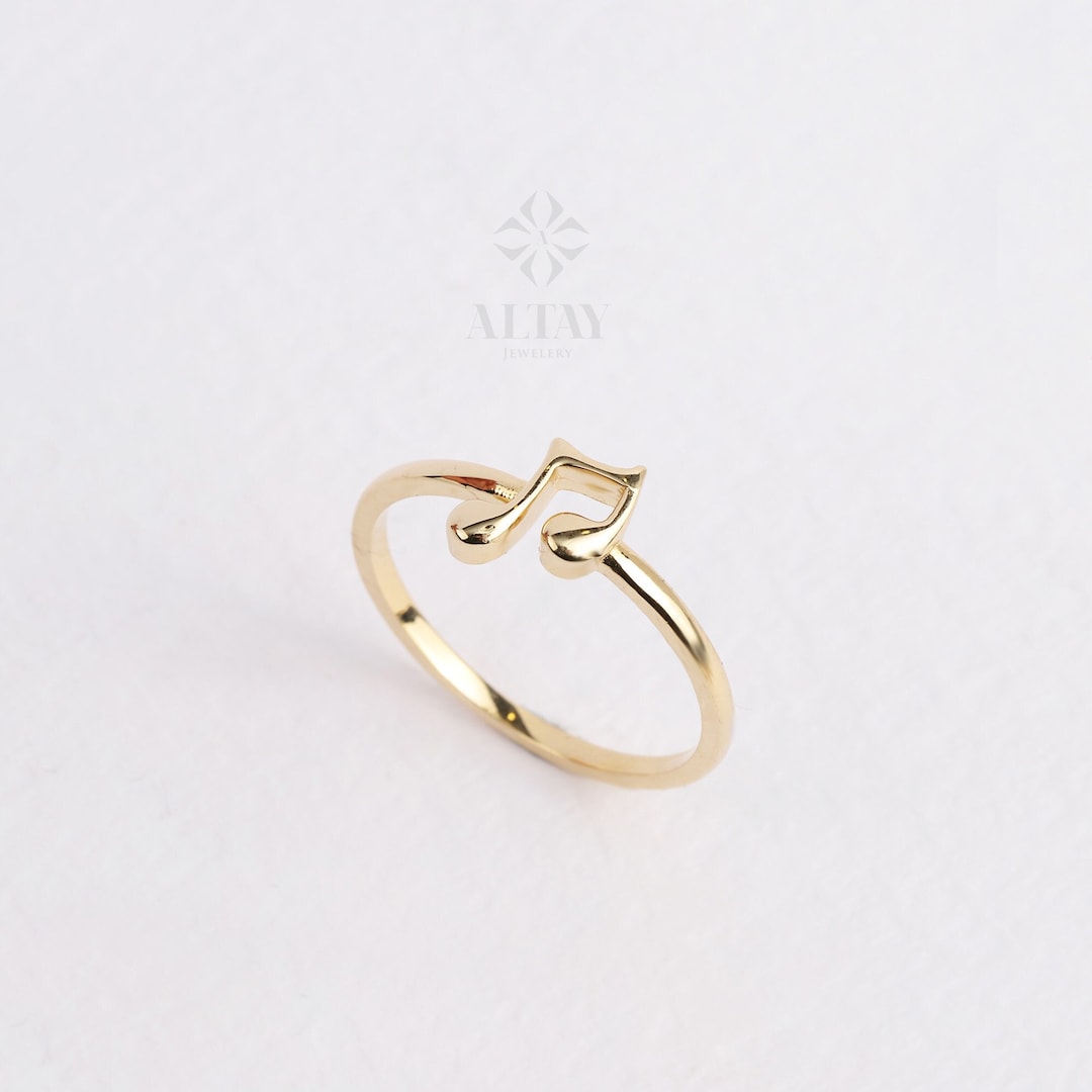 14K Gold Music Note Ring, Musical Note Gold Ring, Quaver Note Band Ring ...