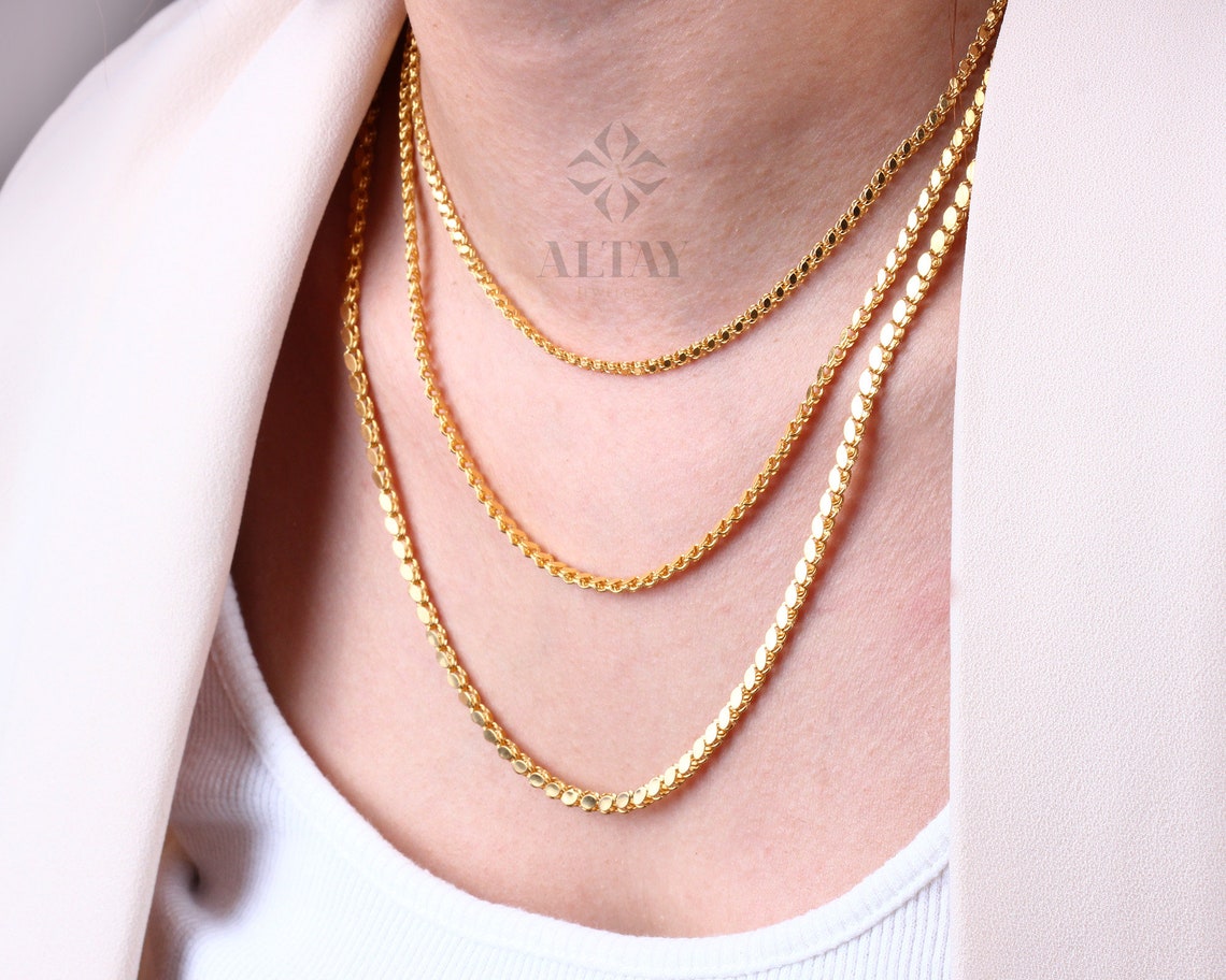 14K Solid Gold Mirror Chain 2mm 3mm 4mm Fancy Necklace Gift | Etsy