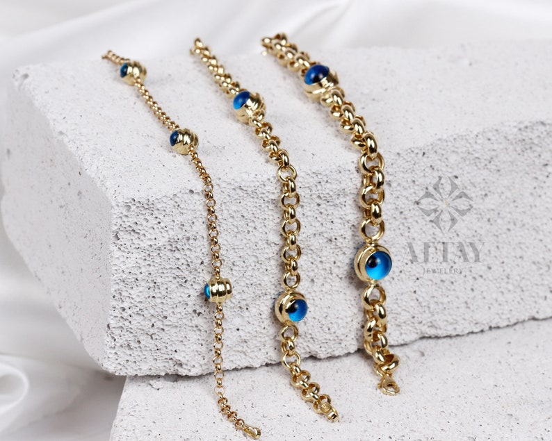 14K Gold Evil Eye Bracelet Gold Rolo Chain Bracelet Evil Eye - Etsy