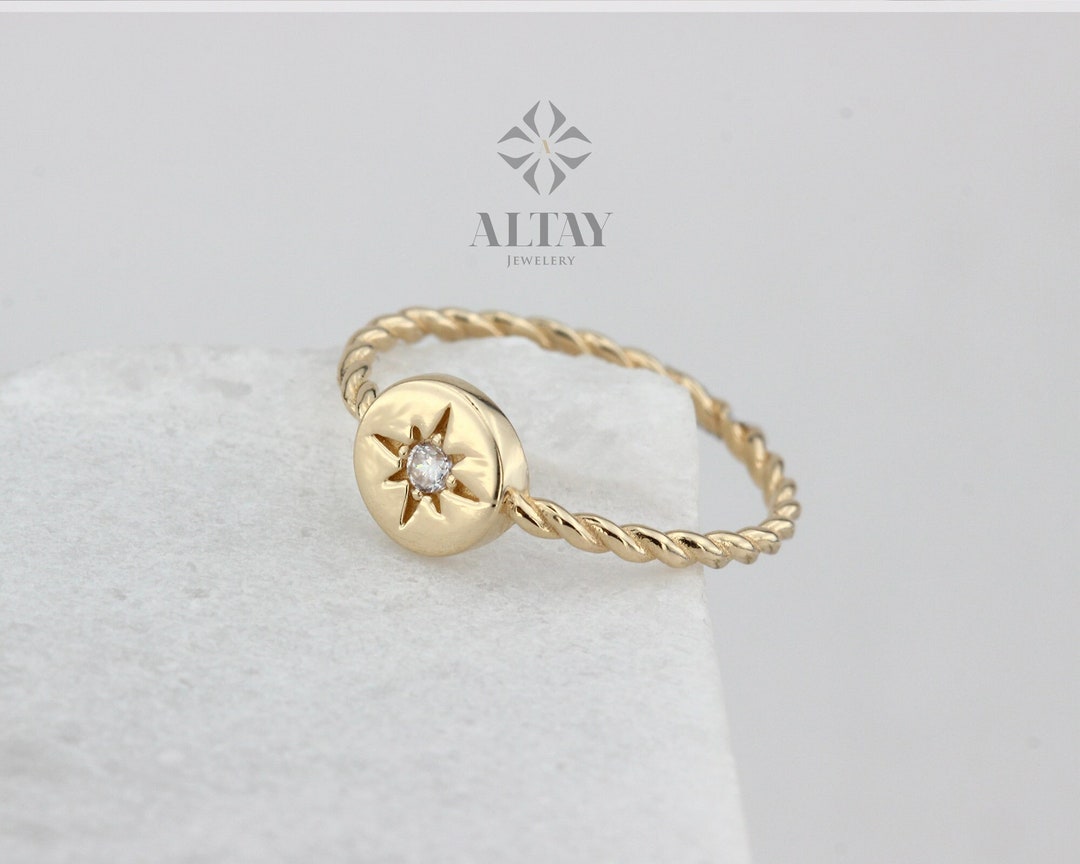 14K Gold Star Signet Ring, Signet Star Ring, Beaded Star Signet Ring ...