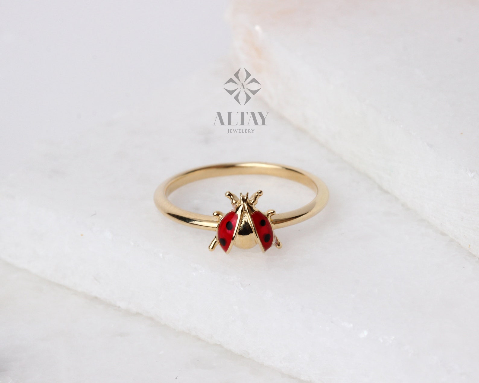 14K Gold Ladybug Ring, Ladybird Ring, Cute Animal Jewelry, Red Enamel ...