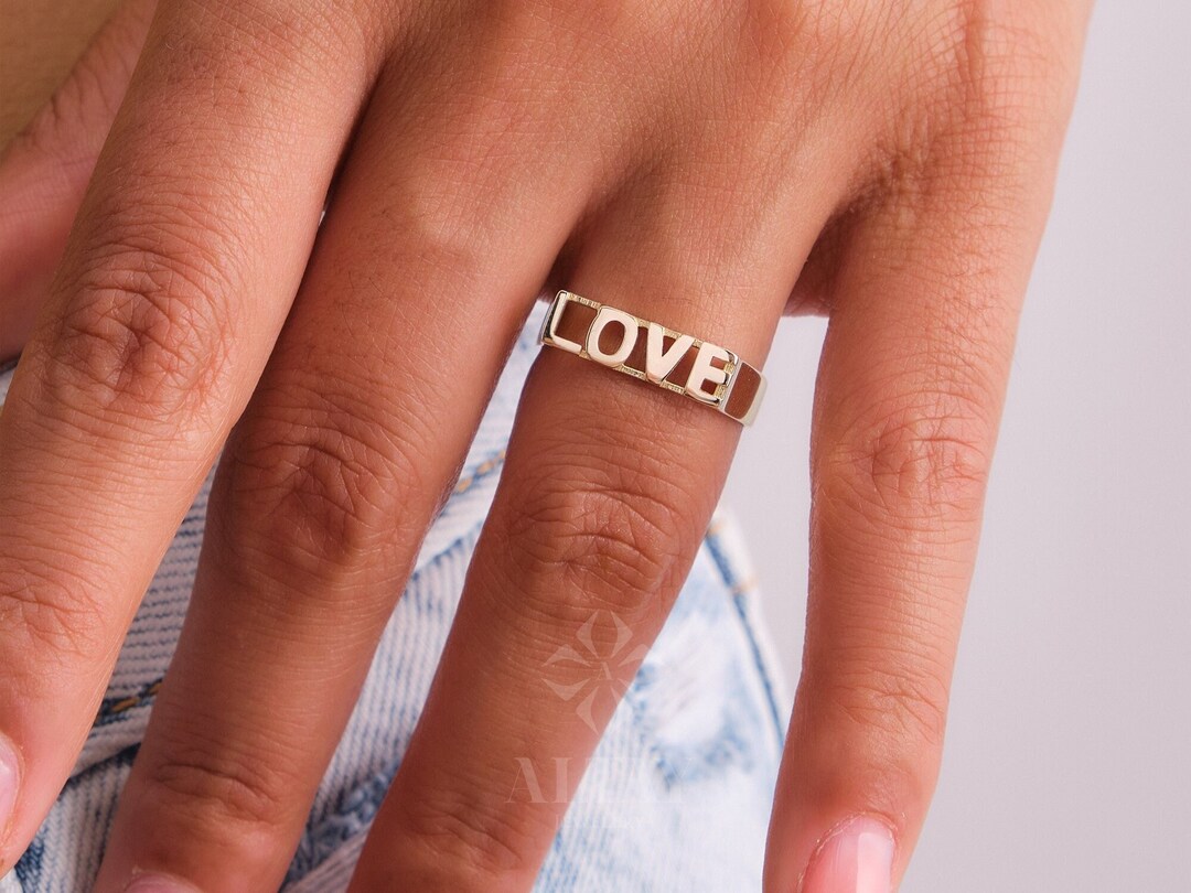 14K Gold Love Ring, Love Word Signet Ring, Stackable Love Ring, Dainty ...