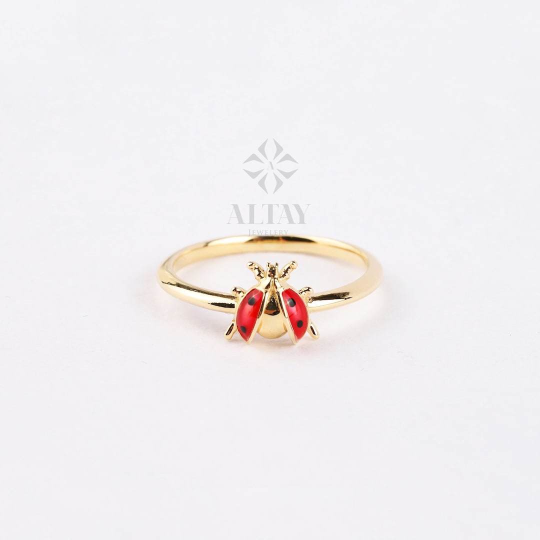 14K Gold Ladybug Ring, Ladybird Colorful Ring, Unique Animal Ring, Cute ...