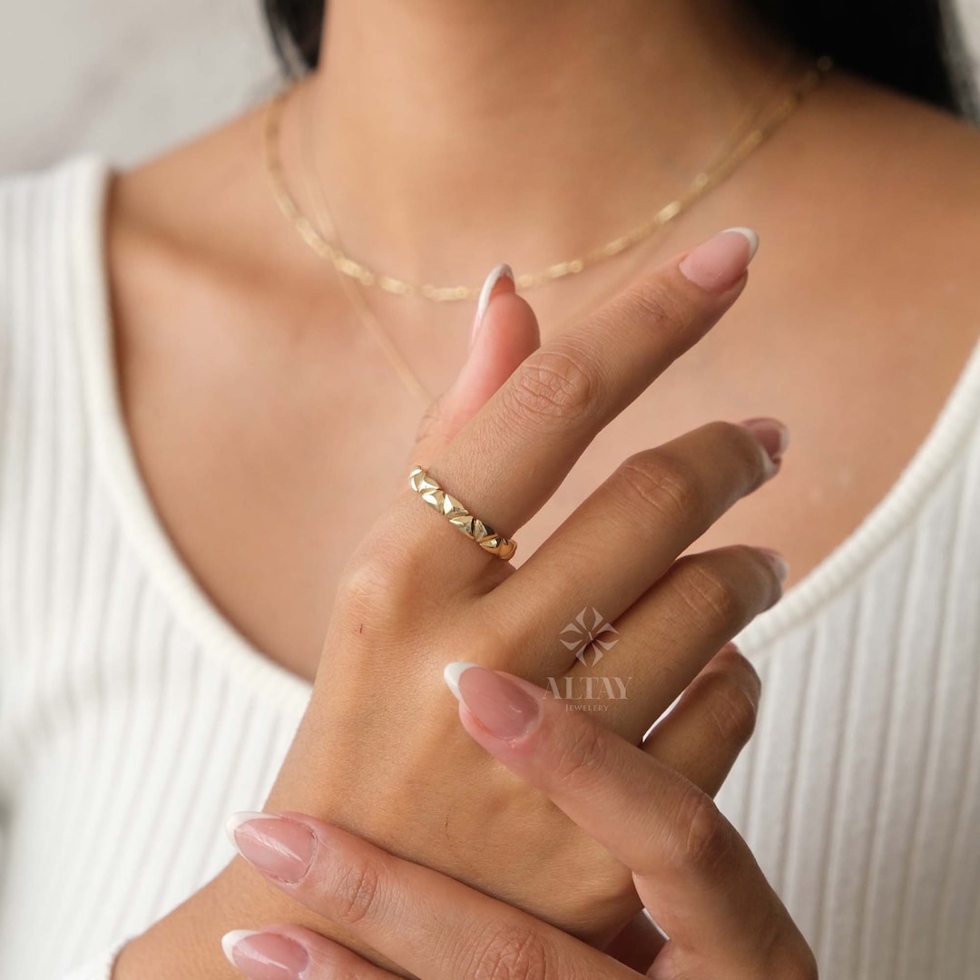 14K Gold Triangle Textured Band Ring, Geometric Pattern Wedding Ring, Engravable Matching Ring ...