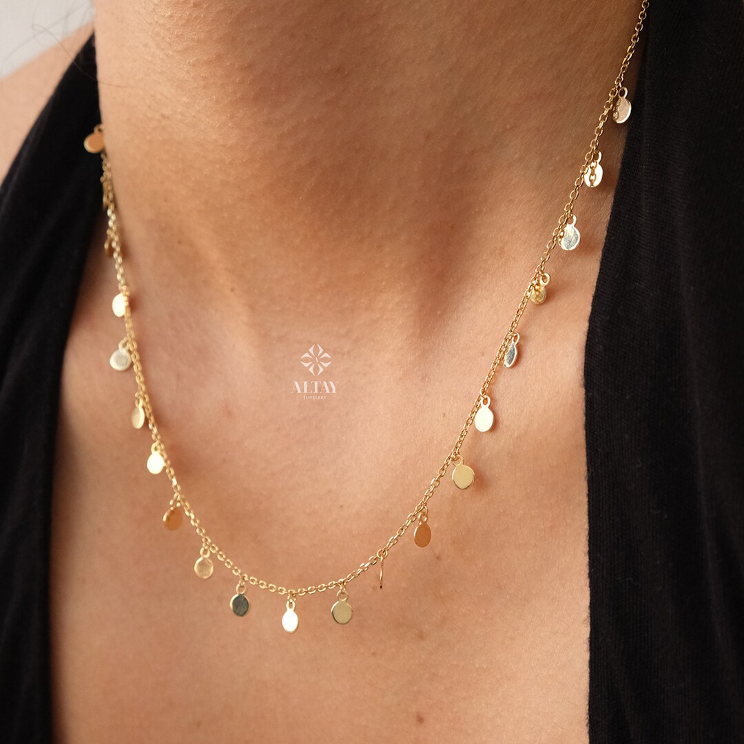 14K Gold Dangling Coin Necklace, Multi Coin Necklace, Italian Dangling ...