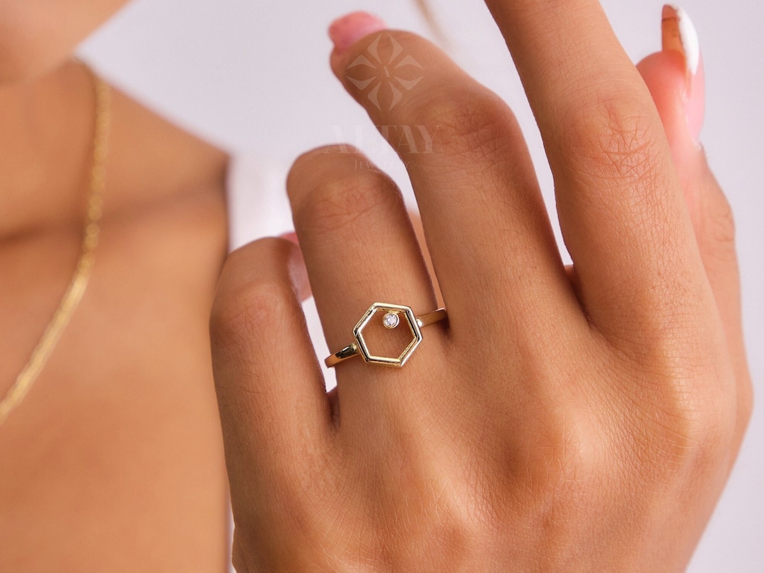 14K Gold Hexagon Ring, Cz Diamond Ring, Geometric Knuckle Ring, Hexagon ...