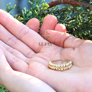 14K Solid Gold Dorica Balls Beaded Ring, Dual Line Mini Balls ...