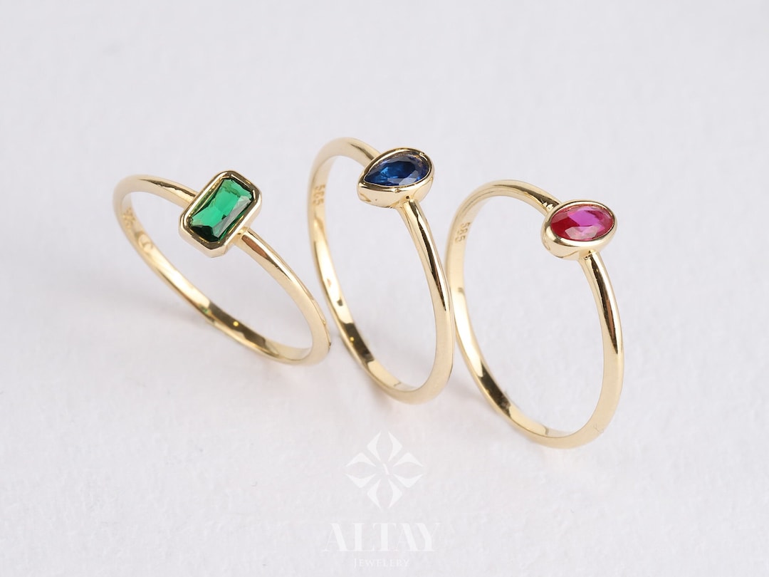 14K Gold Birthstone Rings, Personalized Family Birthstone Ring, Custom ...