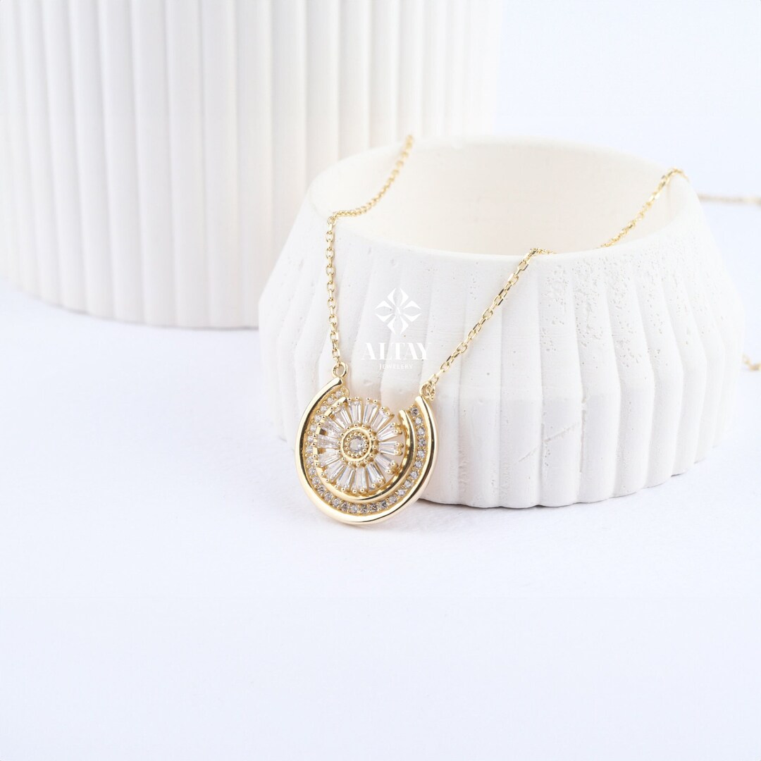 14K Gold Compass Necklace, Round Starburst Necklace, Spikey Gold Sun ...
