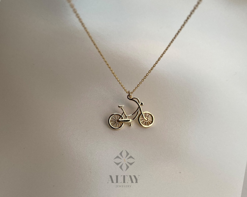 14K Solid Gold Bike Pendant, Cute Bicycle Necklace, Sports Jewelry ...