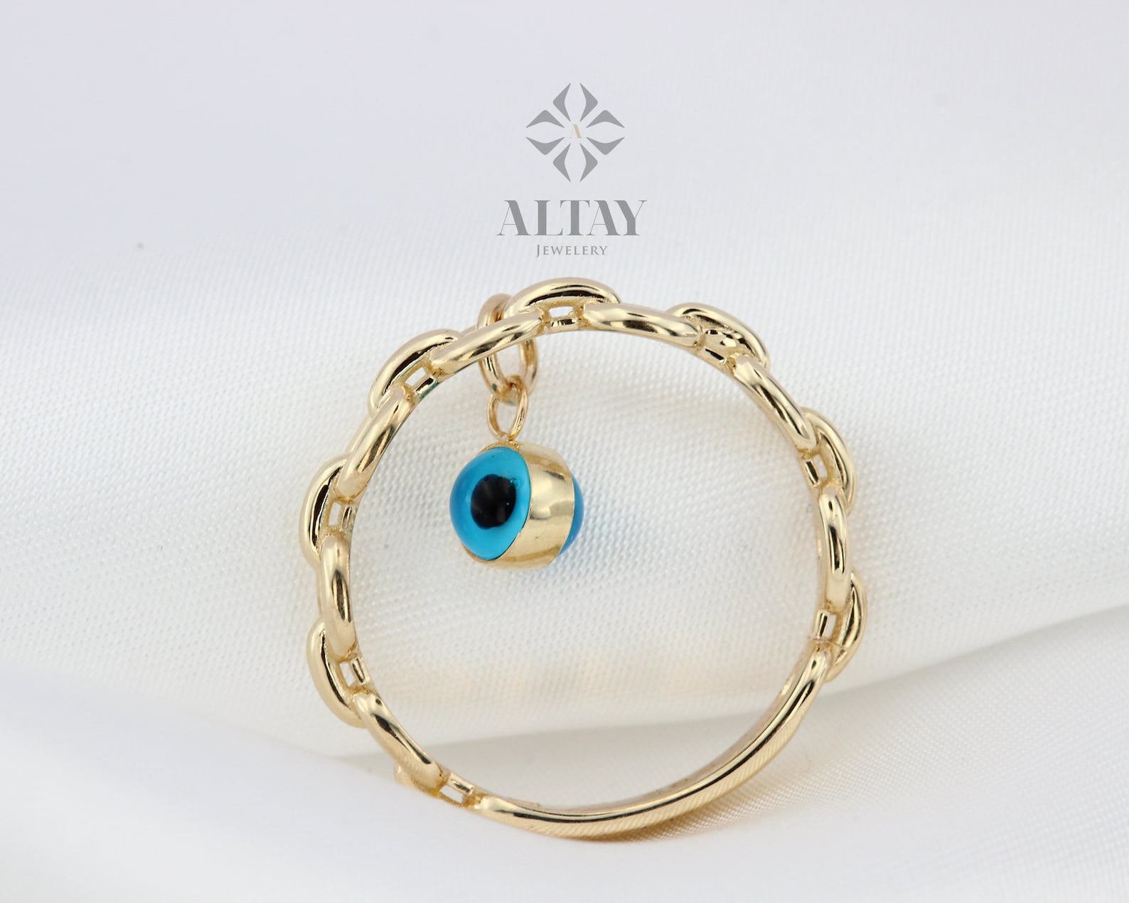 14K Gold Evil Eye Link Ring Evil Eye Charm Ring Good Luck - Etsy