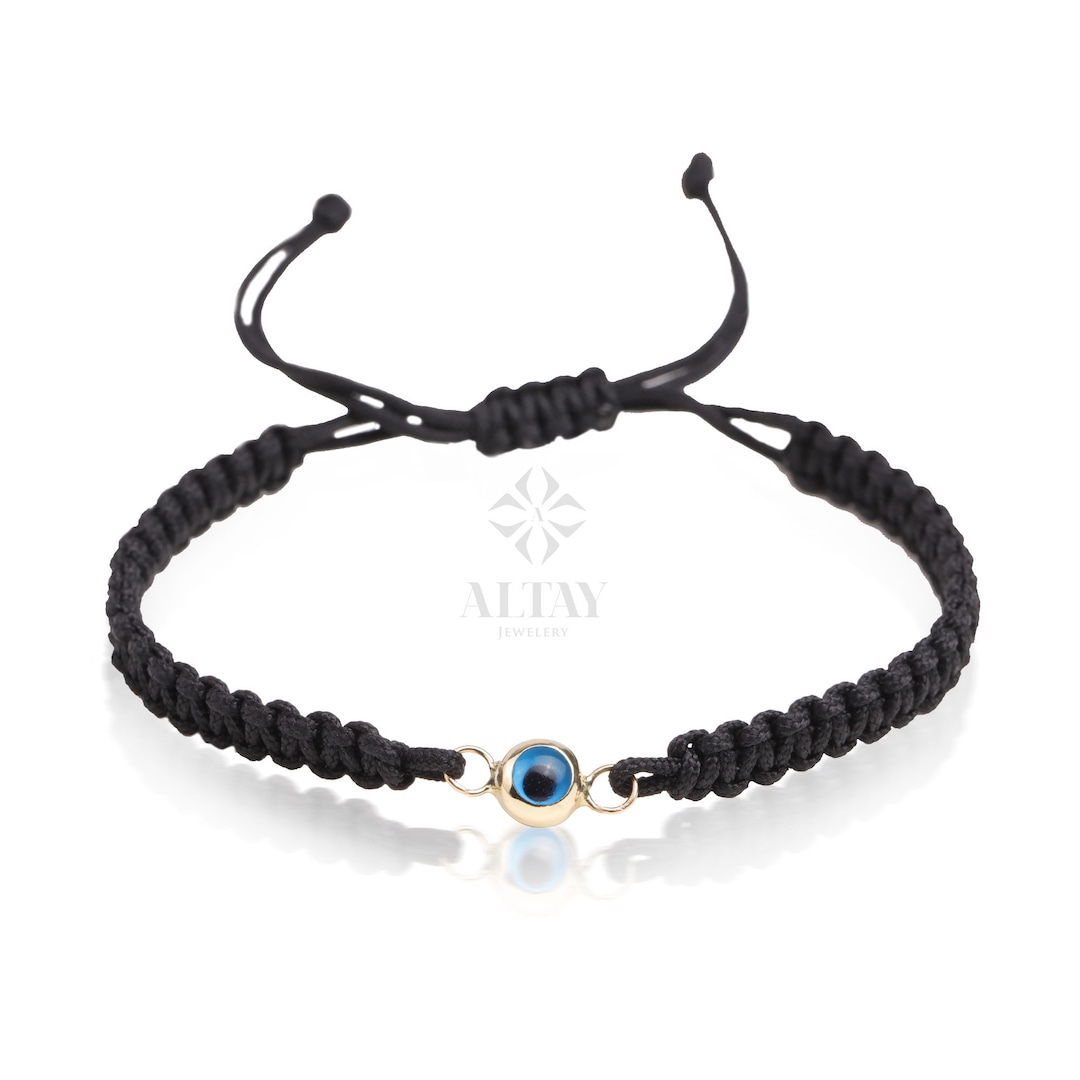 14K Gold Evil Eye String Bracelet, Adjustable Bracelet, Good Luck ...