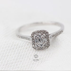 14K Gold Baguette Diamond Ring, Brilliant Diamond Engagement Ring ...