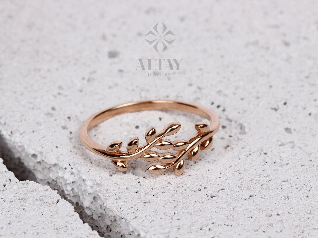 14K Gold Leaf Branch Ring, Gold Leaf Twig Ring, Rose Gold Leaf Ring ...