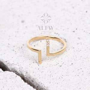 14K Gold T Bar Open Ring, T Paralel Ring, Statement Ring, Asymmetrical ...
