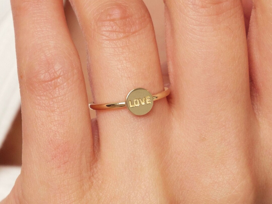 14K Gold Love Ring, Love Word Signet Ring, Stackable Round Love Ring ...