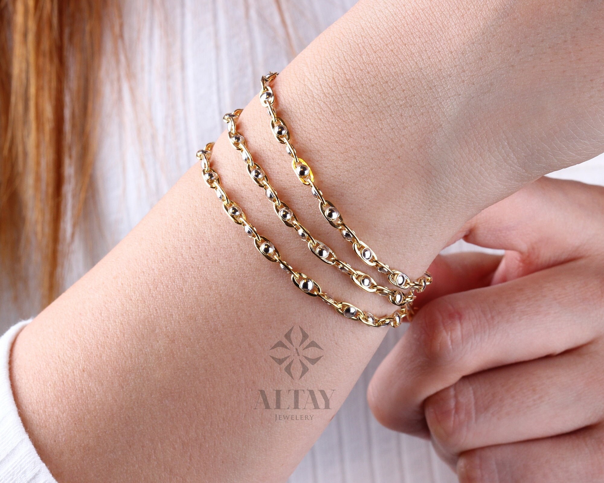 14K Gold Two Tone Beaded Chain Bracelet, Oval Chain Bead Bracelet ...