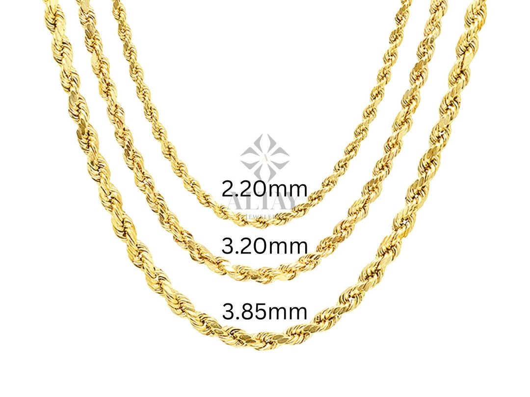 14K Gold Rope Chain Necklace, 2mm 3mm 4mm Rope Chain Necklace, Diamond ...