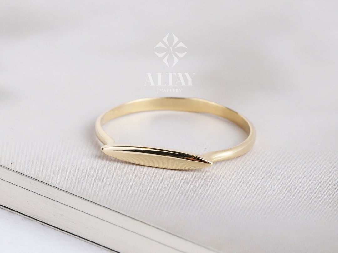 14K Solid Gold Rectangle Bar Ring, Plain Stacking Ring, Thin Gold, Stackable Knuckle Dainty Ring ...
